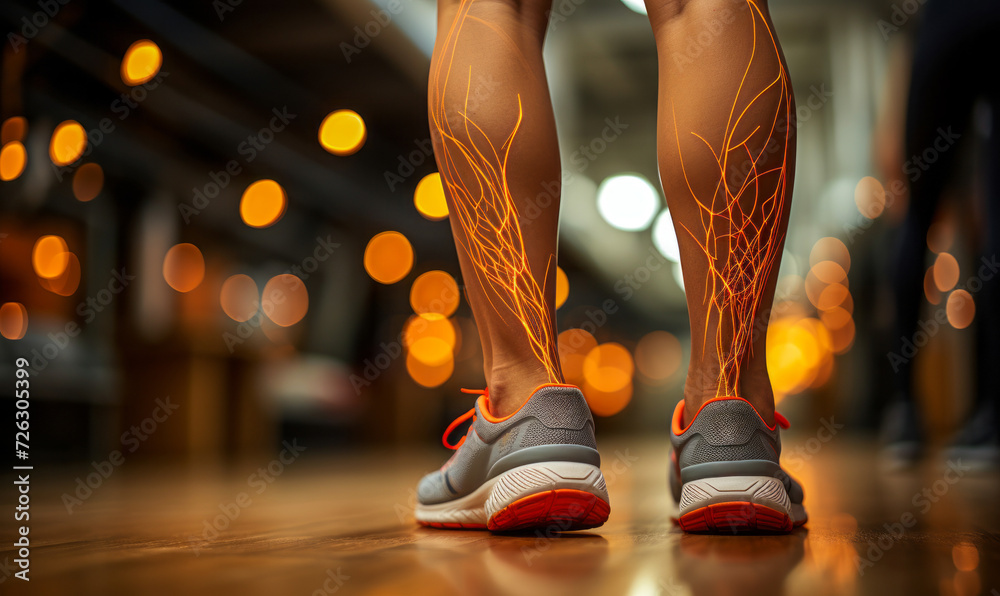 Close-up of an athletic woman's lower body with a highlighted graphic ...
