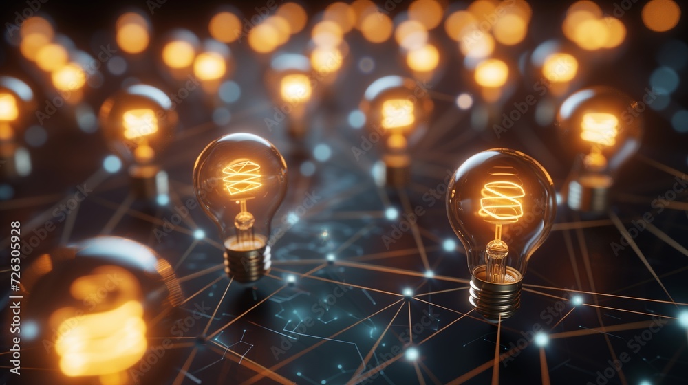 Light Bulb Network, Connected light bulbs illuminate a dark space ...