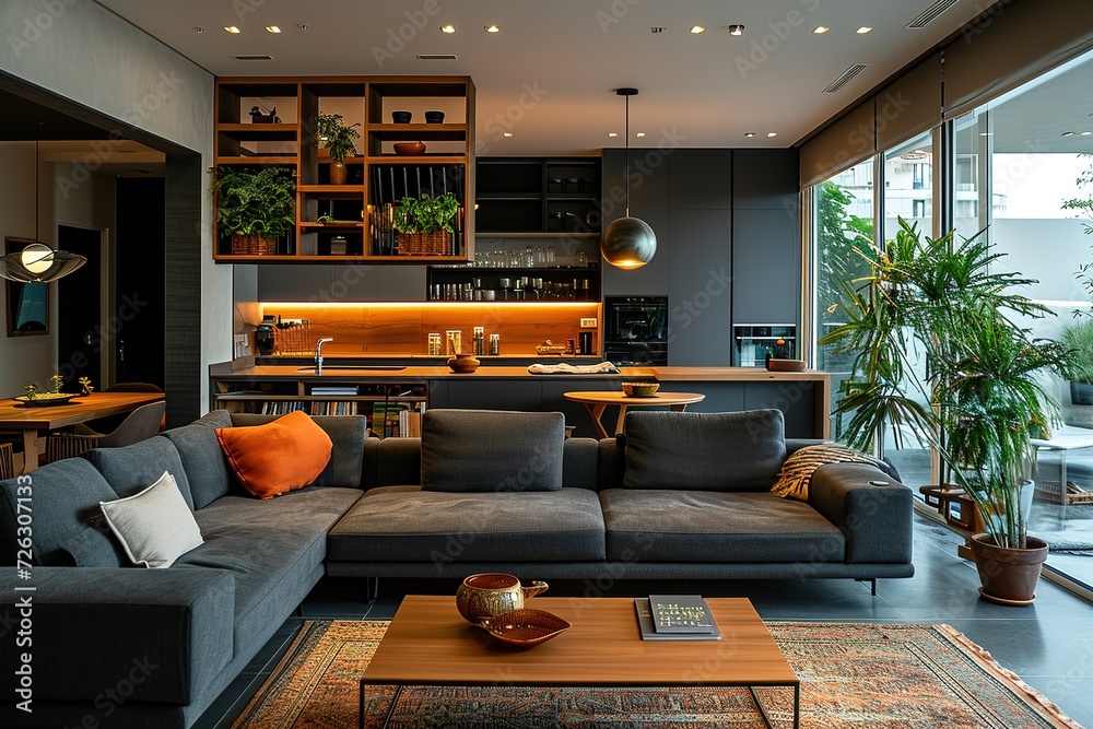 Modern living room and kitchen 3D render. interior of a cozy bright home interior with chinese ...