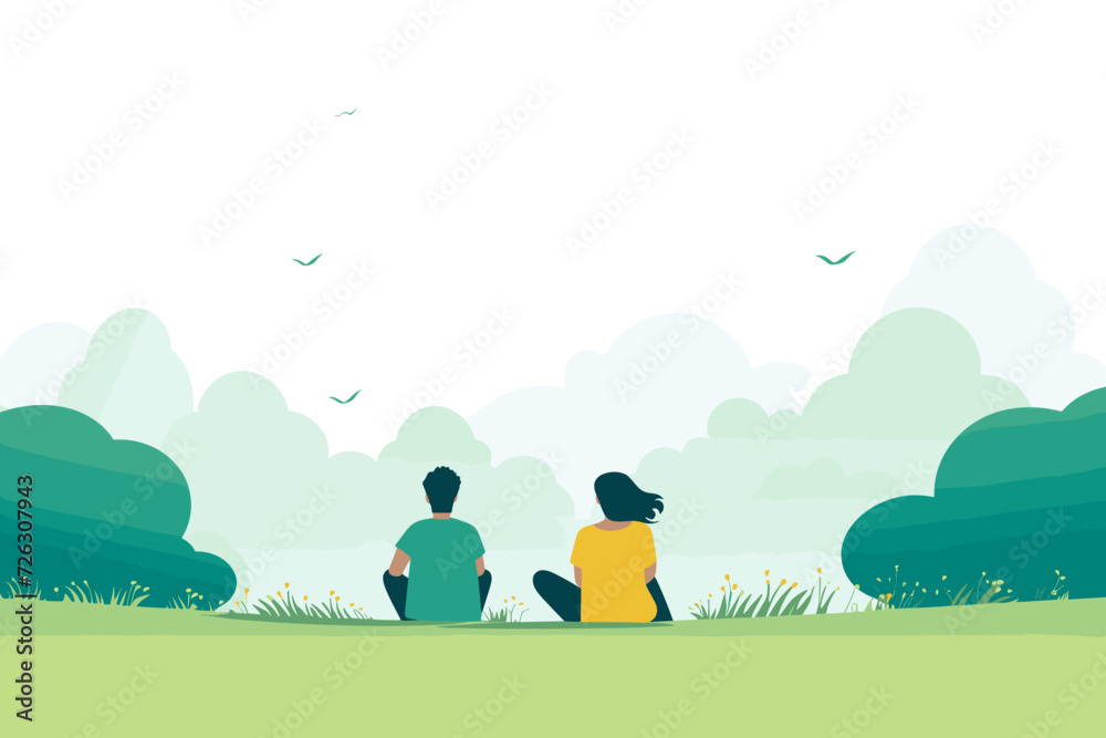 The vector illustration portrays two people sitting on the grass ...