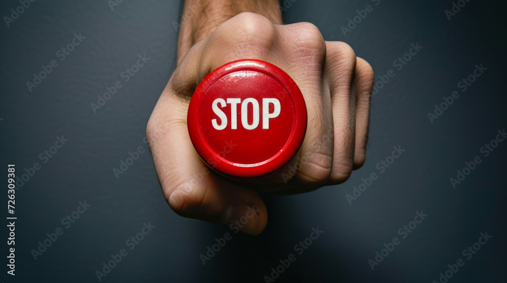 Hand pushing an emergency stop button Stock Photo | Adobe Stock