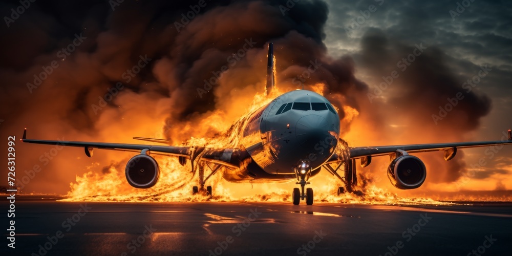 A Compelling Image Of A Plane Consumed By Fire During Takeoff. Сoncept ...