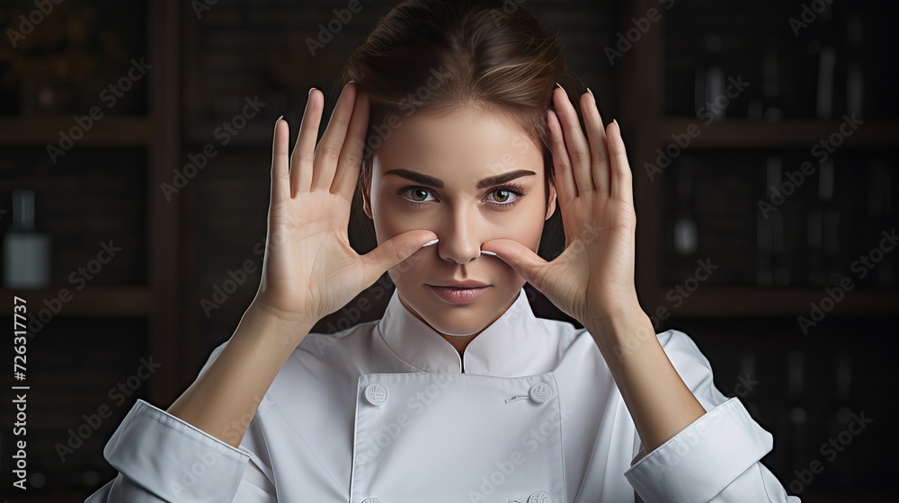 Woman chef pinching her eyelids in white uniform and looking crazy ...