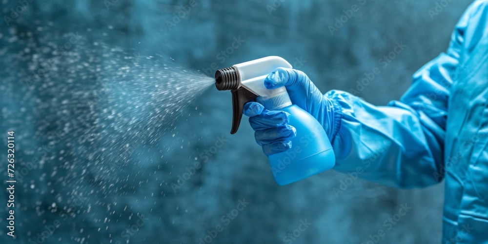Person In Blue Gloves Spraying Sanitizer On Surfaces To Prevent Covid19 ...