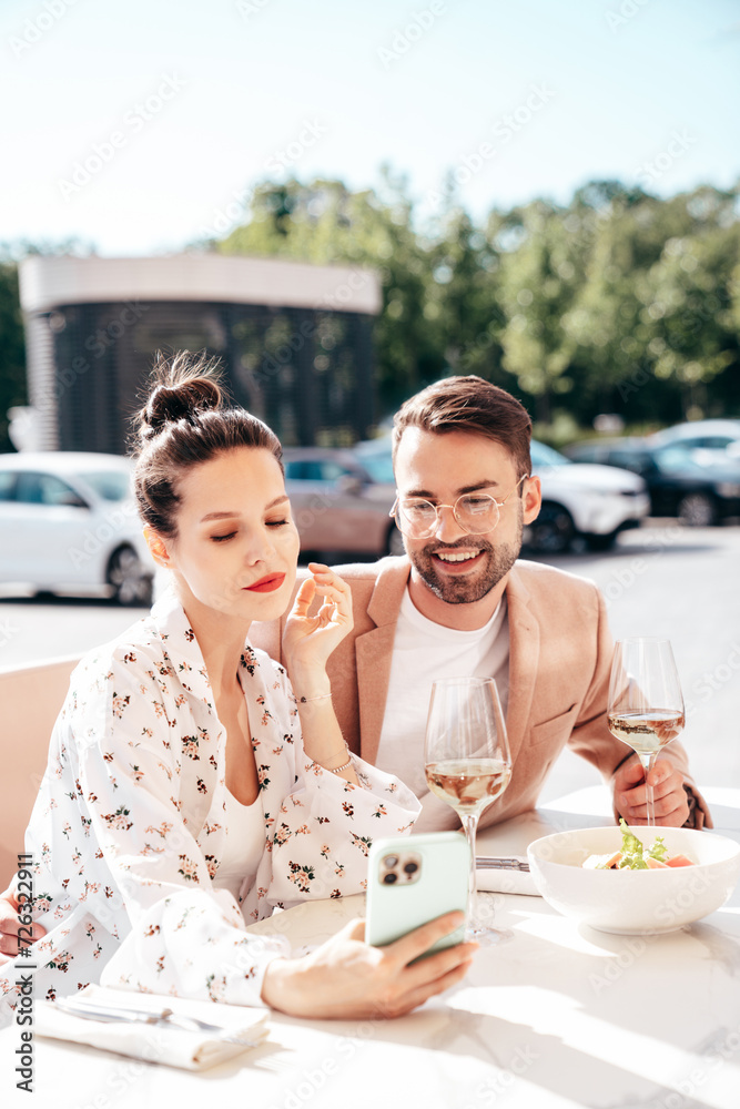 Smiling beautiful woman and her handsome boyfriend. Happy cheerful ...