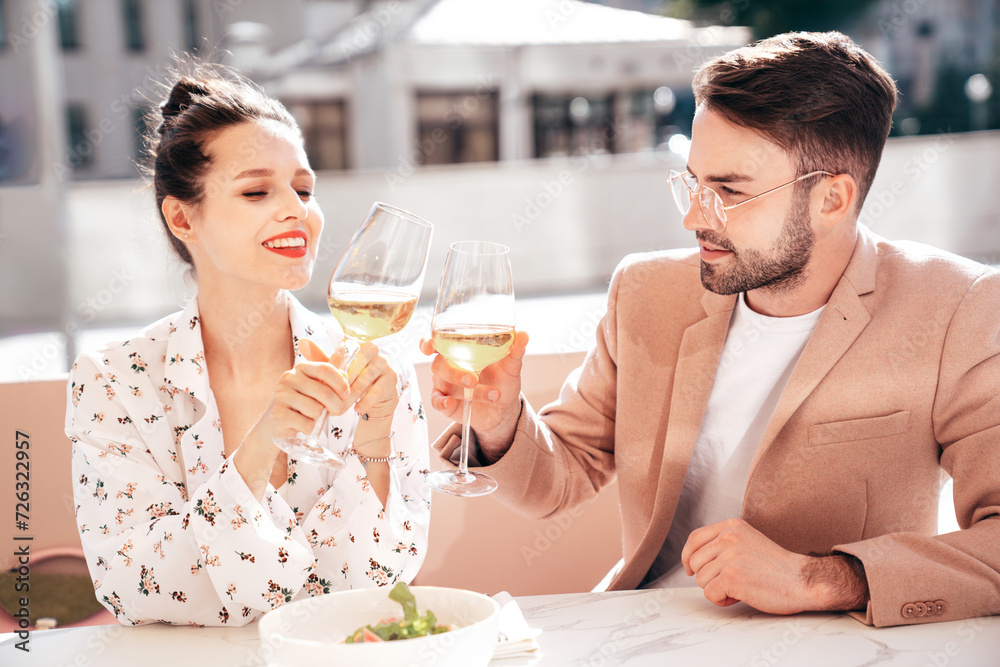 Smiling beautiful woman and her handsome boyfriend. Happy cheerful ...