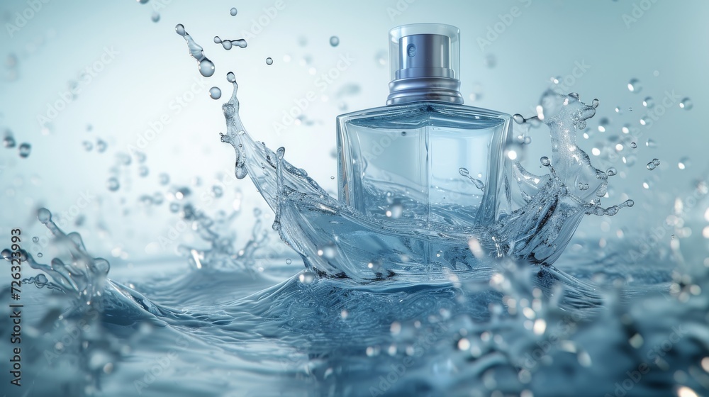 A translucent bottle of perfume releases a sparkling liquid, creating a ...