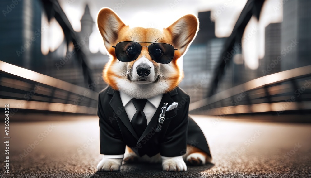 Corgi dressed as a British special agent with a sleek suit and ...