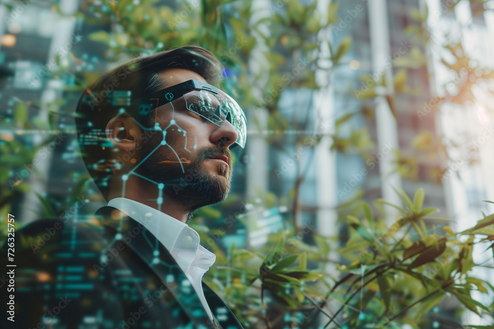 A man wears smart glasses, immersed in a virtual data analytics ...