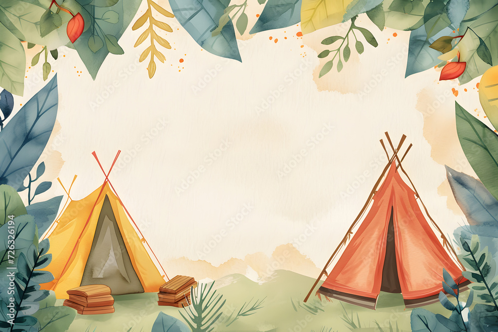Cute cartoon camping frame border on background in watercolor style ...