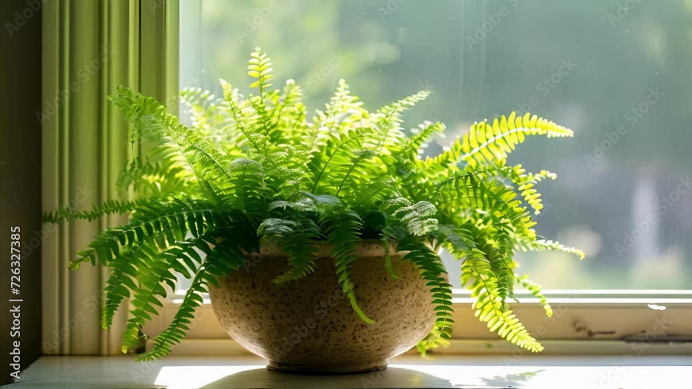 Natural light floods through the window illuminating a ceramic planter ...