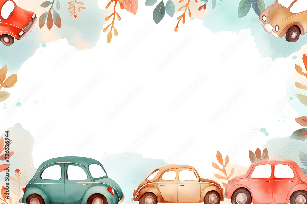 Cute cartoon car frame border on background in watercolor style. Stock ...
