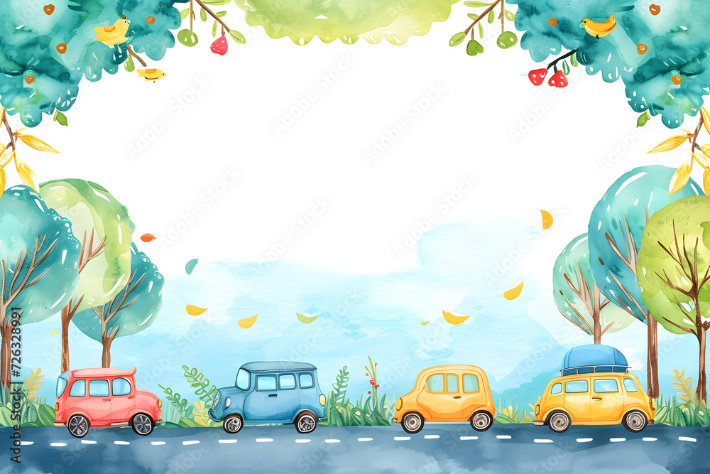 Cute cartoon car frame border on background in watercolor style. Stock ...
