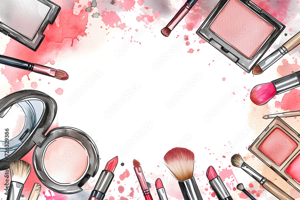 Cute cartoon cosmetics for woman frame border on background in ...
