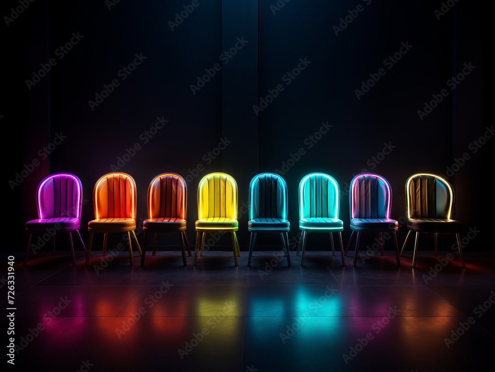 Chairs in a dark room with rainbow neon lights. Creative concept Stock ...