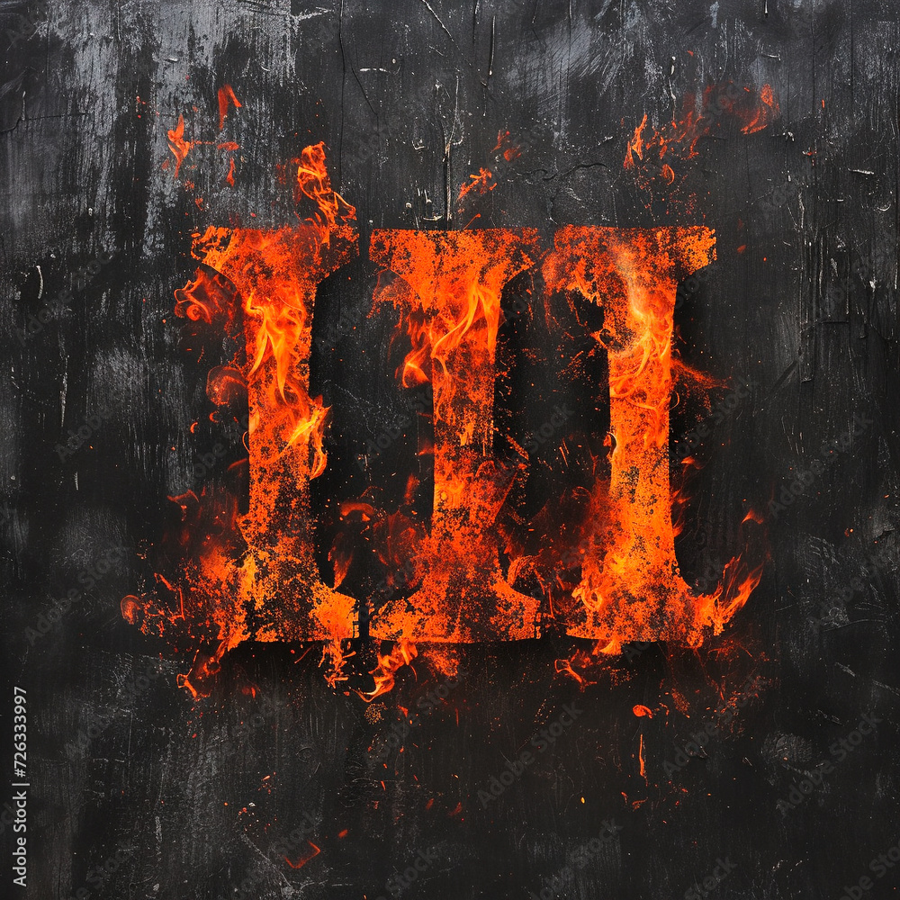 Fiery Roman numeral three on a dark background, 3 with stains and ...