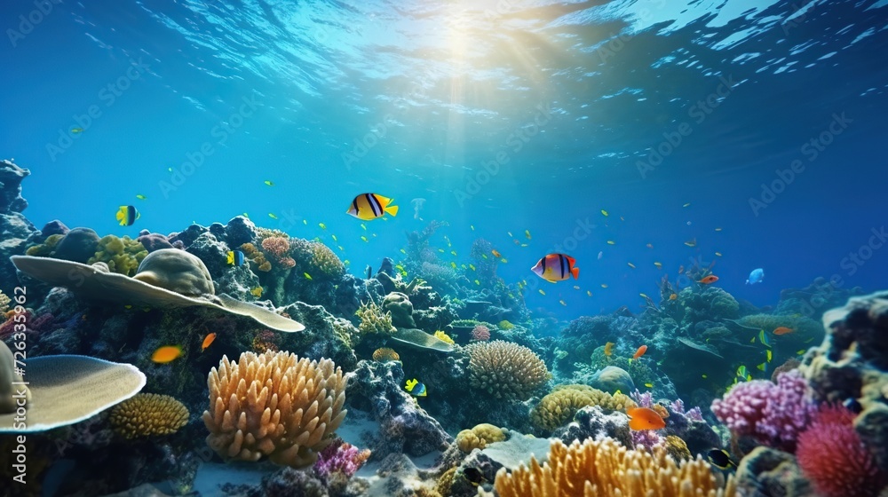 Beautiful coral reef with tropical fish. Underwater sea world with ...