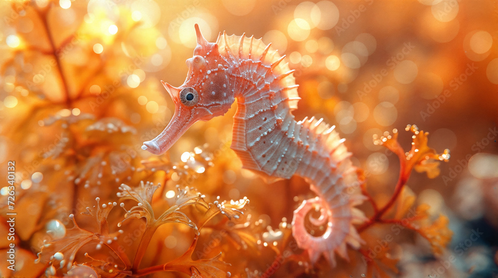 Amazing seahorse resting on a coral reef. Close-up image for covers ...