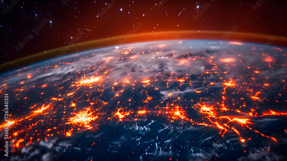 A fiery depiction of Earth's surface from space, resembling a global ...