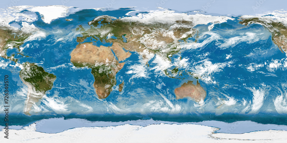 Poster world map, earth, planet, with clouds 360° vr equirectangular ...