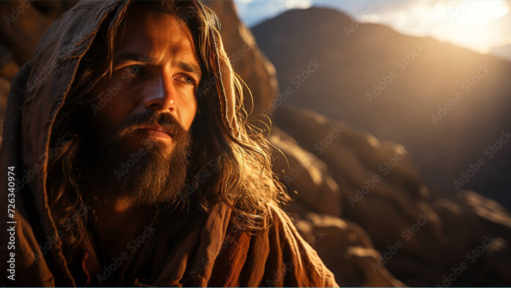 Jesus Christ in a hooded robe is smiling, in the style of biblical ...