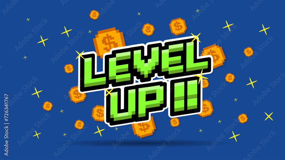 LEVEL UP !! text with gold coin on blue background.pixel art .8 bit game.retro game. for game ...