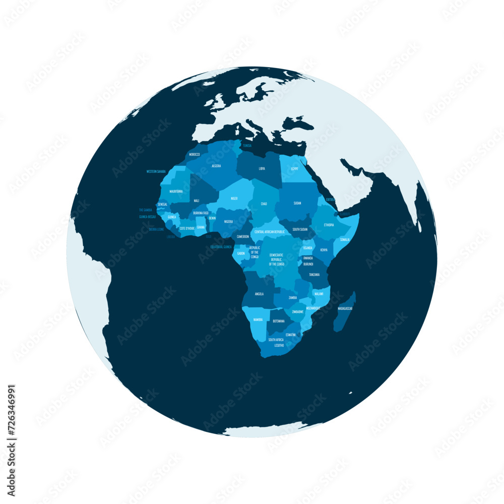 Political map of Africa. Blue colored land with country name labels on ...