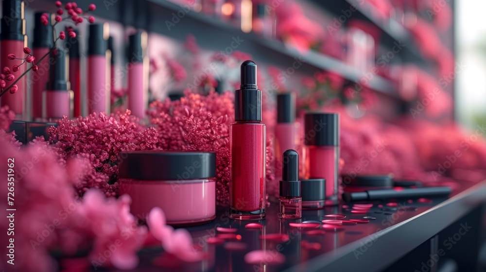 Beauty background featuring an array of facial cosmetic products ...