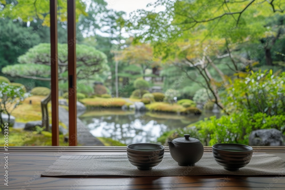 A traditional tea ceremony in a Japanese garden, with ceremonial matcha ...