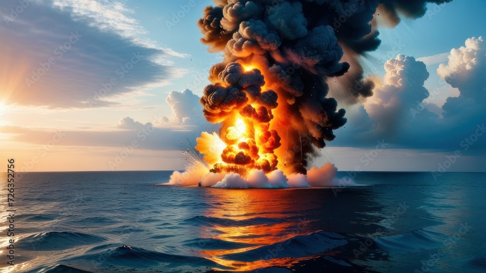 Bomb explosion in sea. Fire and smoke on water. explosion bomb in ocean ...