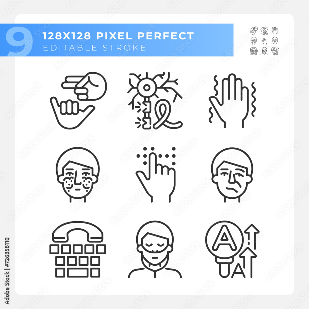 Neurology disease linear icons set. Deaf nonverbal communication. Face ...