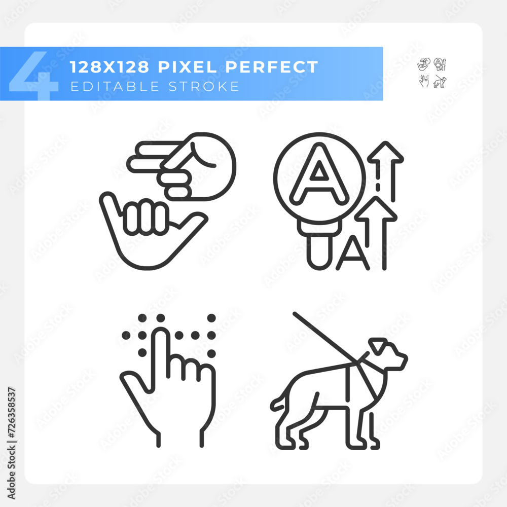 Accessibility for sensory disabilities linear icons set. Nonverbal ...