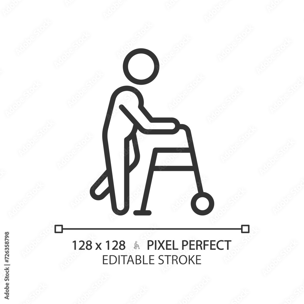 Walker assistance linear icon. Trauma care. Physiotherapy treatment ...