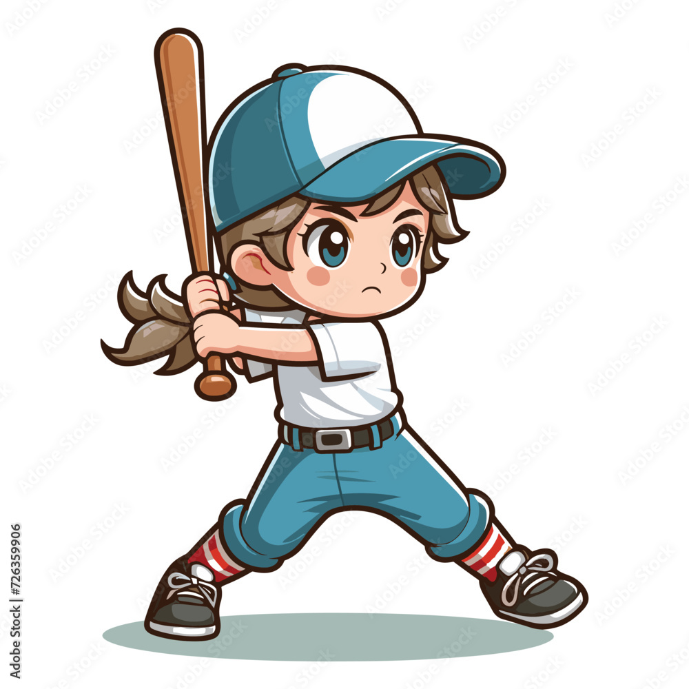 Happy cute little girl playing baseball softball in action cartoon ...