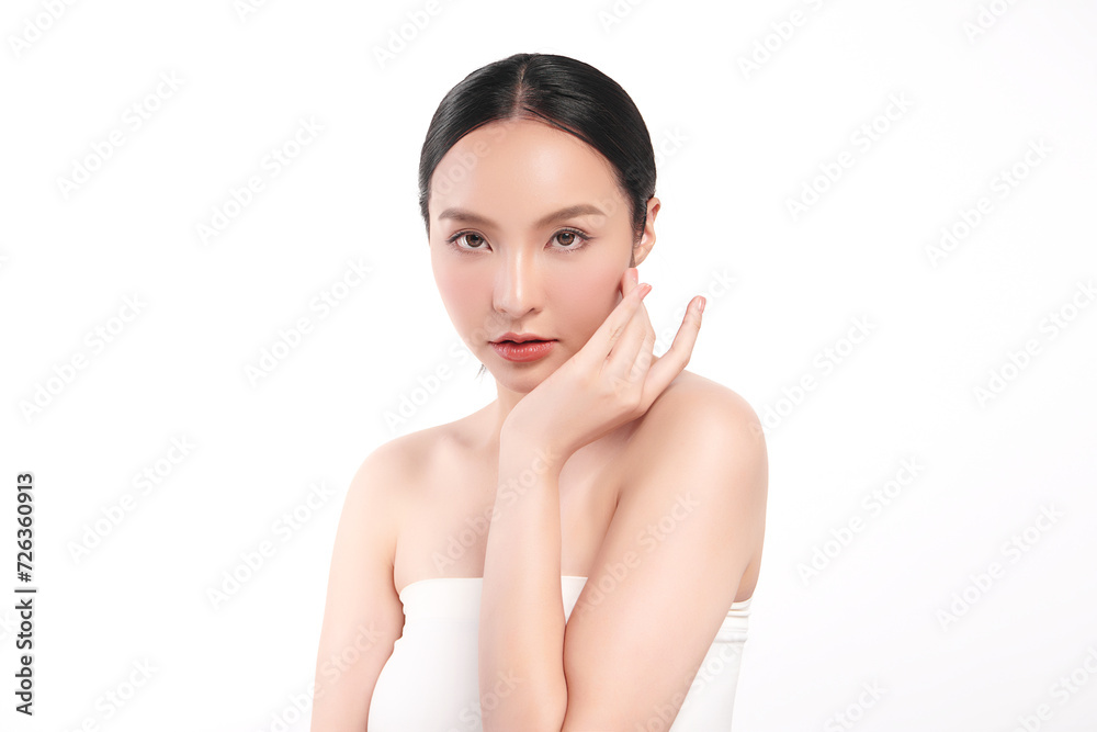 Beautiful young asian woman with clean fresh skin on white background ...