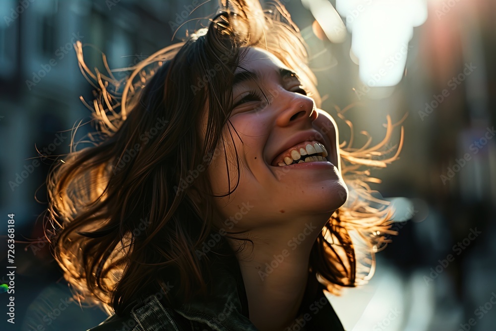 City radiance! Smiling girl bathes in sunbeams, a burst of energy in ...