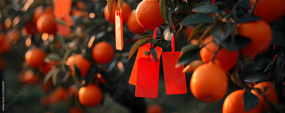 Beautiful tangerine tree decorated by red ribbons and greeting or wish ...