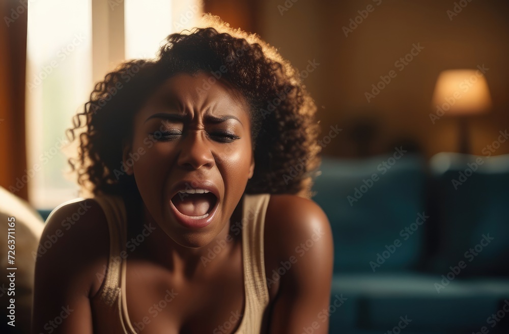 upset black woman screaming and crying indoors at home. shock and ...