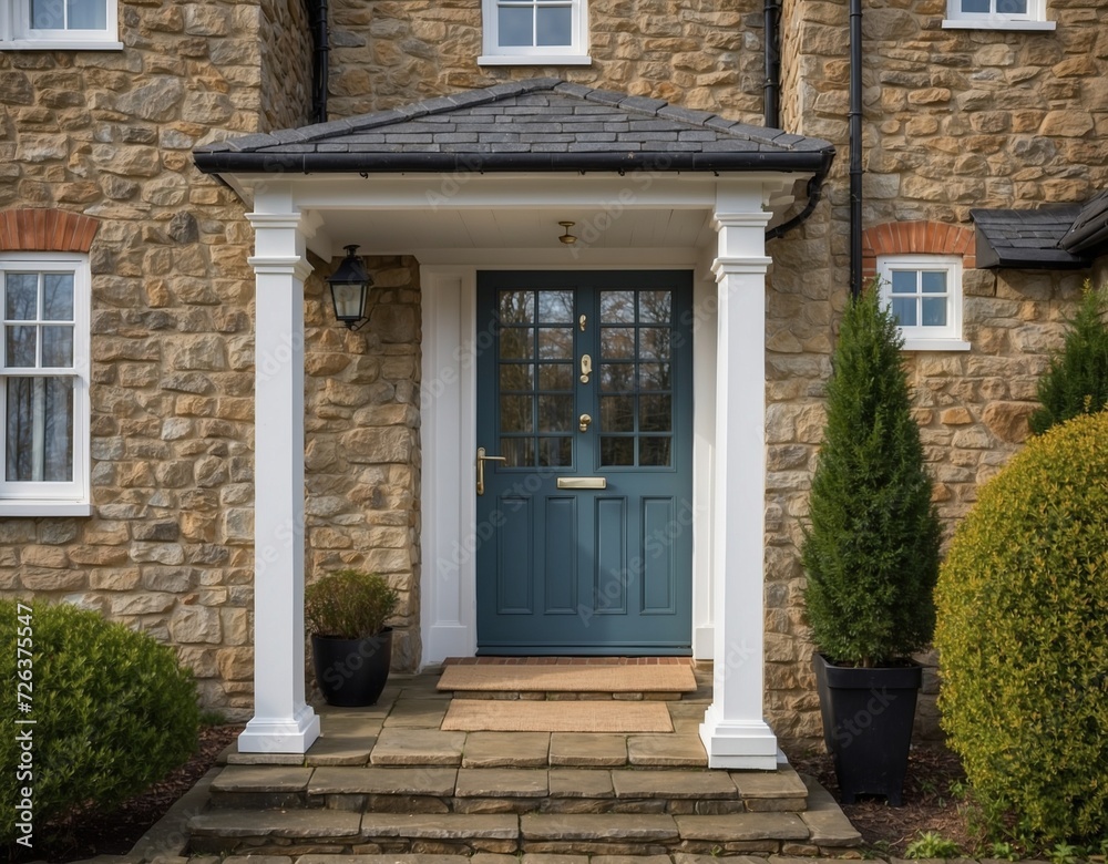 Main entrance door in house. Wooden front door with gabled porch and ...