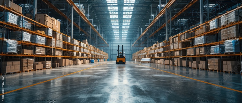 big warehouse with high racks, narrow aisles, warehouse, perspective ...