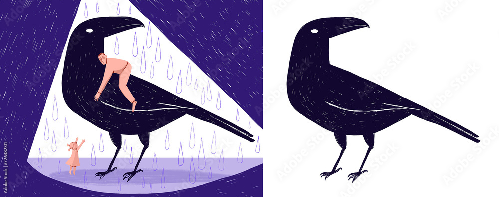 Bird of ill omen / An illustrated black crow and two human characters ...