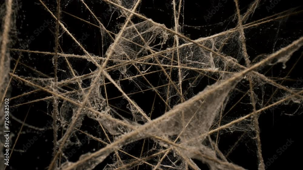 Macro dolly shot camera flies through sisal ropes covered with spider ...