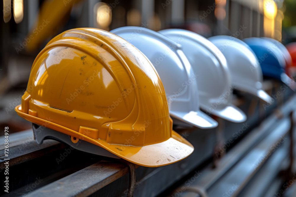 lineup of yellow, white, and blue safety helmets on a construction site ...