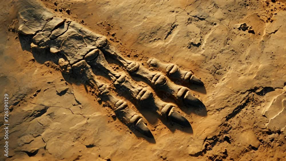 The fossilized footprints of a sauropod dinosaur alongside the ...