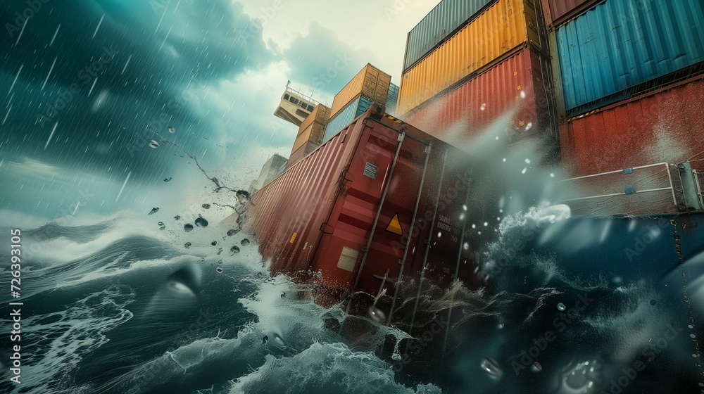 The fall of containers from a marine cargo ship during a severe storm ...