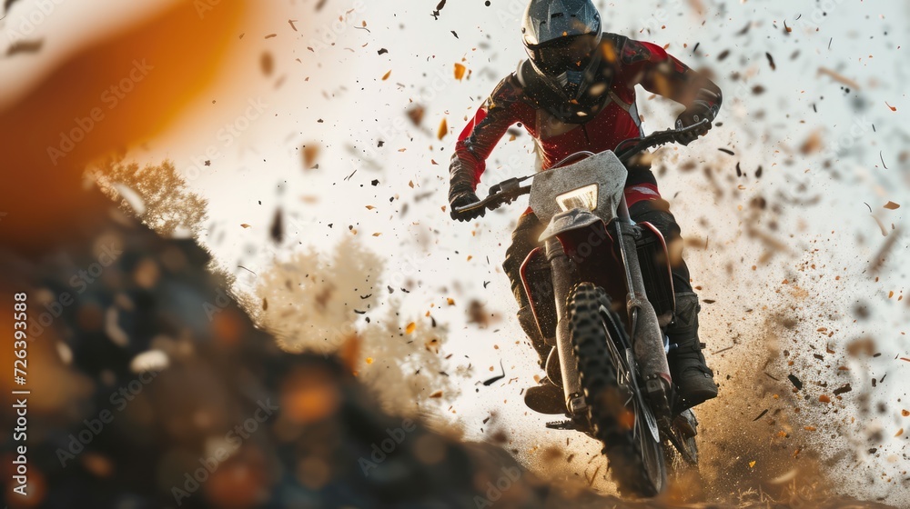 Motocross. Man, professional motorcyclist in full moto equipment riding ...