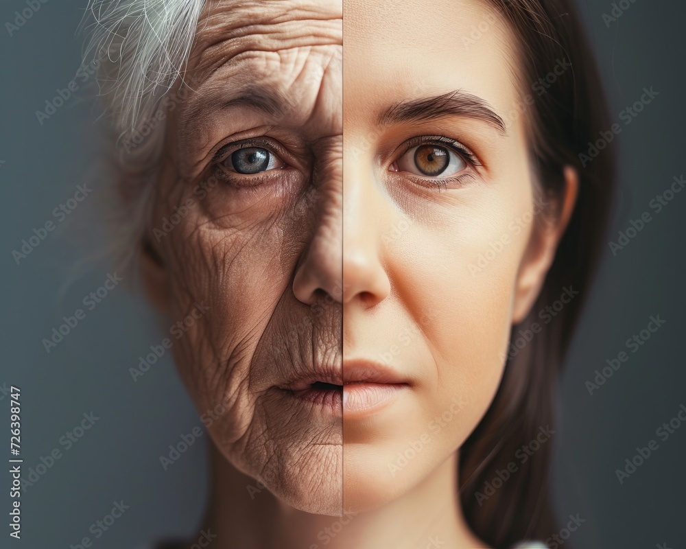 face divided into two halves, half of a young girl and half of an old ...