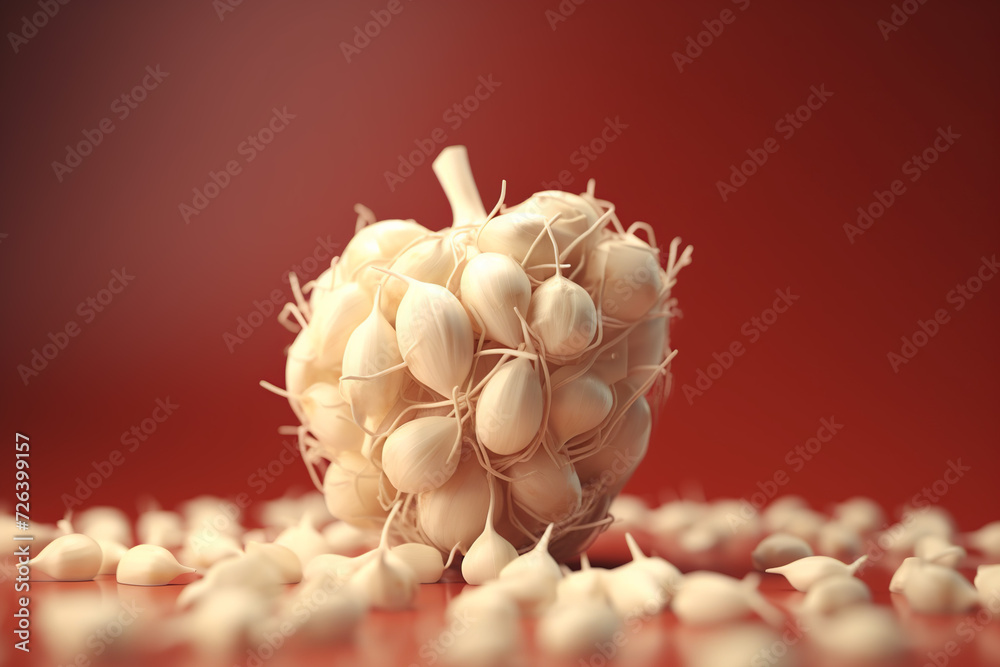 Bulbs and Cloves of Garlic at soft red background. Genetically modified ...
