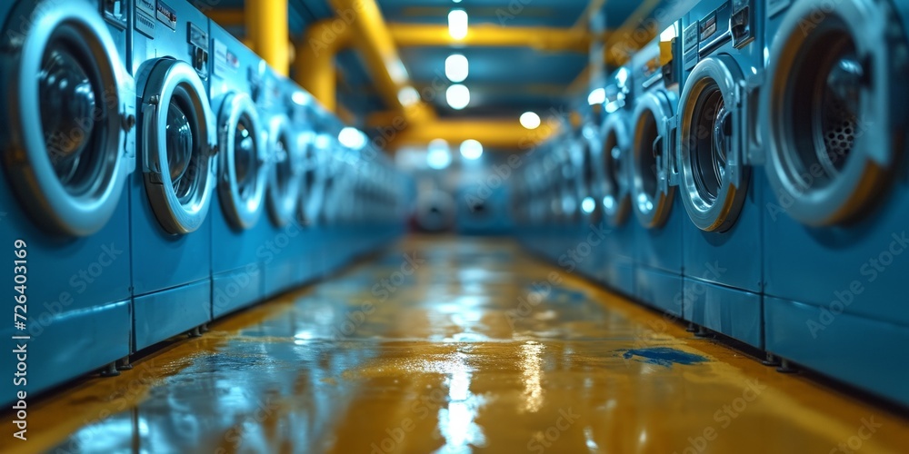 An industrial laundry room with rows of machines, emphasizing ...