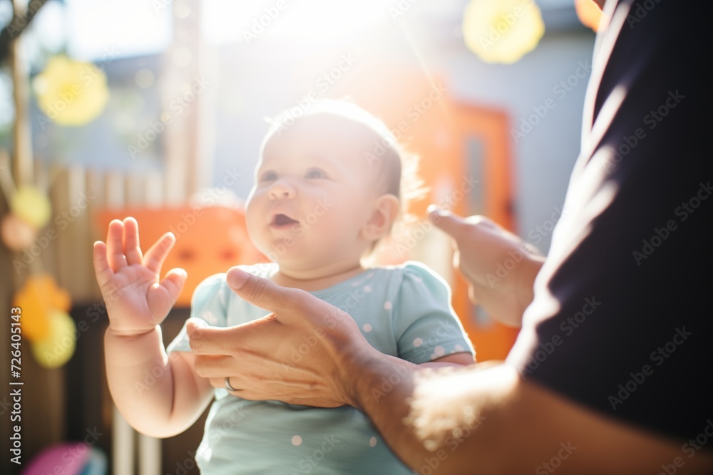 infant clapping hands with parent under a bright sun Stock Photo ...